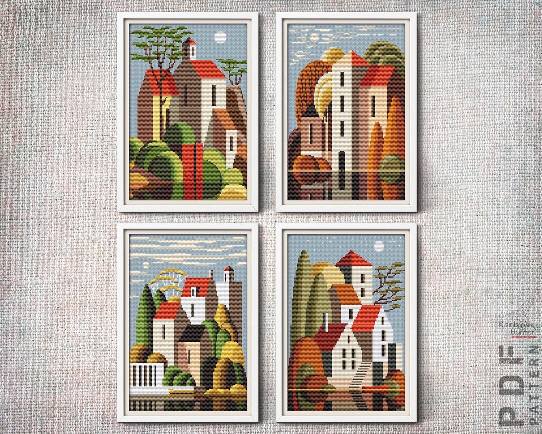 Cross Stitch Minimal Art Set of 4 Houses Cross Stitch Chart Primitive ...