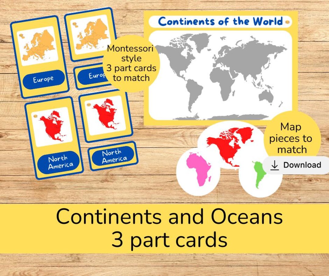 Continents and Oceans Montessori 3 Part Cards Instant Download - Etsy UK