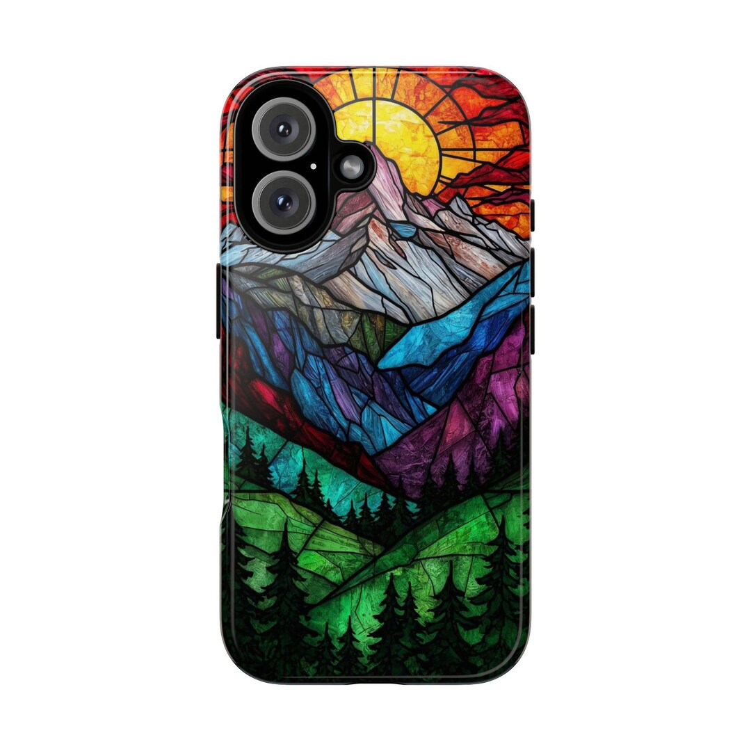 Mountain Sunset Phone Case, Stained Glass Art iPhone Cover, Nature ...