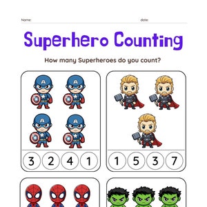 Superheroes Counting Worksheet - Etsy