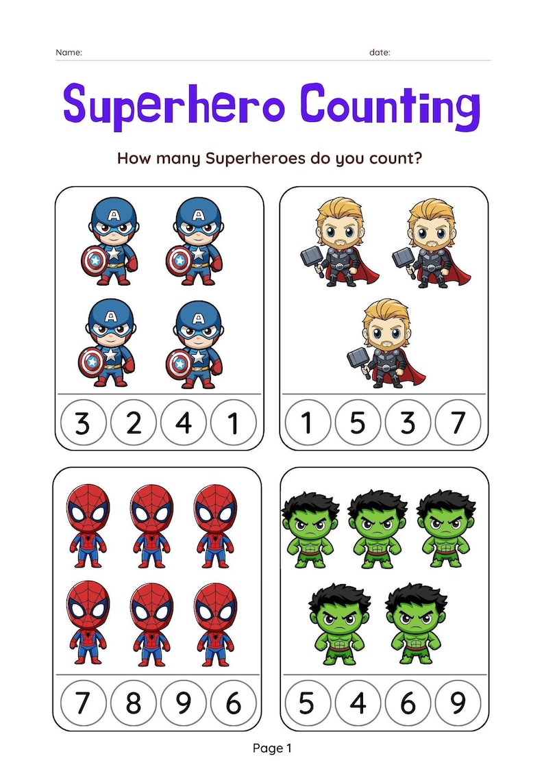 Superheroes Counting Worksheet - Etsy