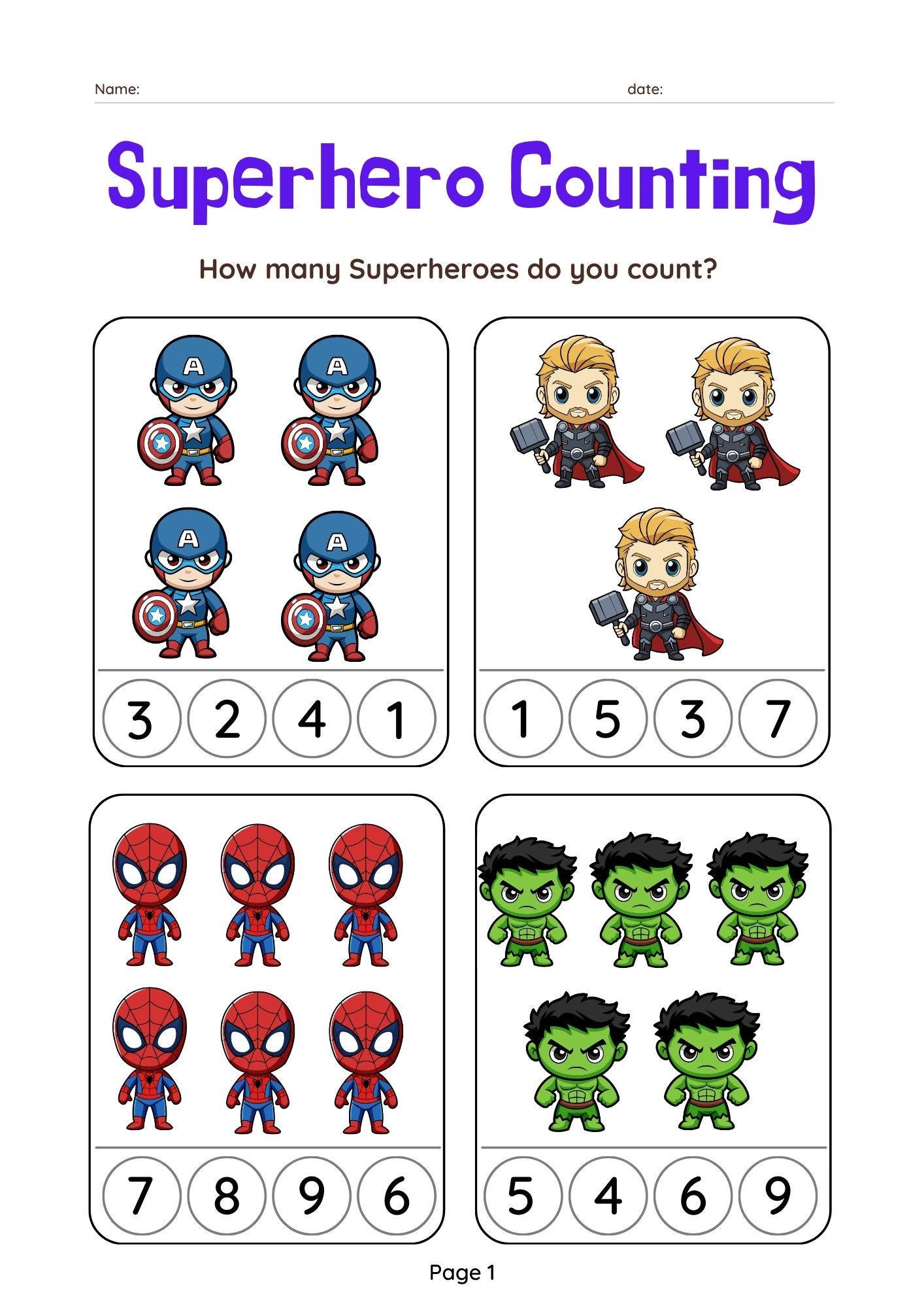 Superheroes Counting Worksheet - Etsy