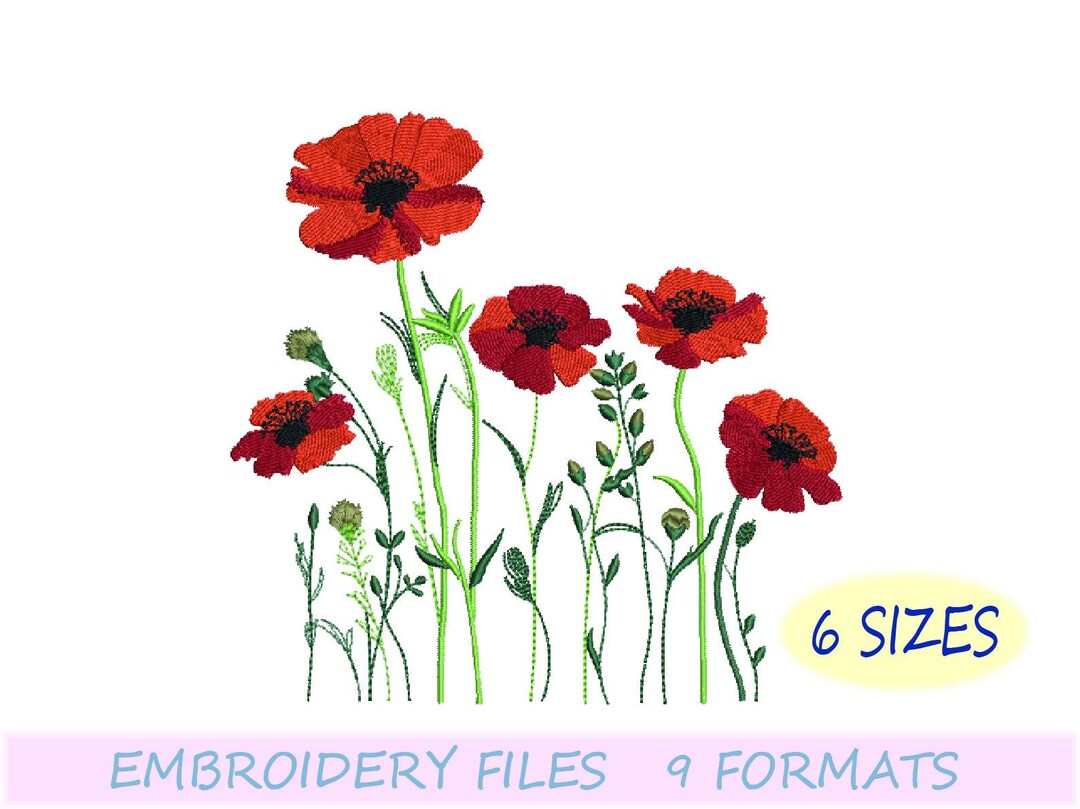 Wildflower Meadow Embroidery Design, Embroidery Poppies, 6 Sizes ...