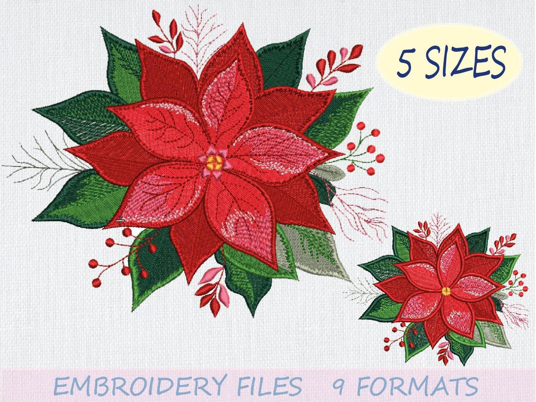 Christmas Poinsettia Embroidery Designs, Red Flower Embroidery Pattern ...
