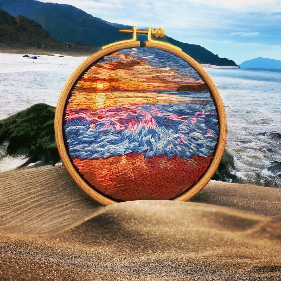 Seascape Sunset Embroidery Hoop Art, Embroidered Landscape Art, Nature ...