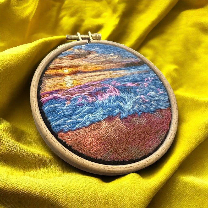 Seascape Sunset Embroidery Hoop Art, Embroidered Landscape Art, Nature ...