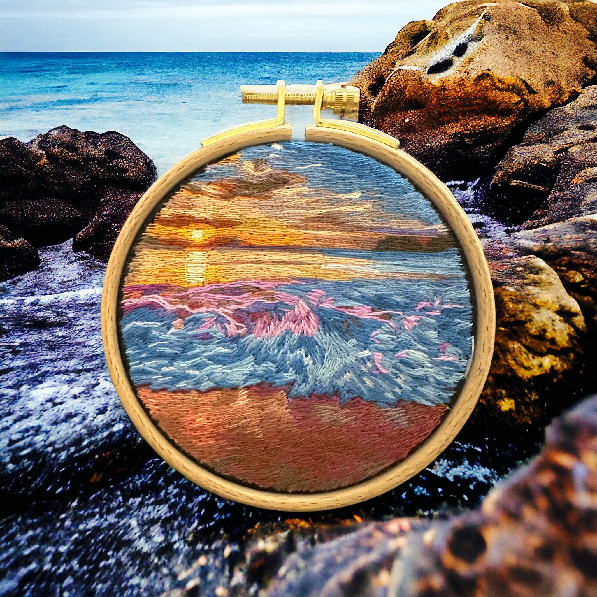 Seascape Sunset Embroidery Hoop Art, Embroidered Landscape Art, Nature ...
