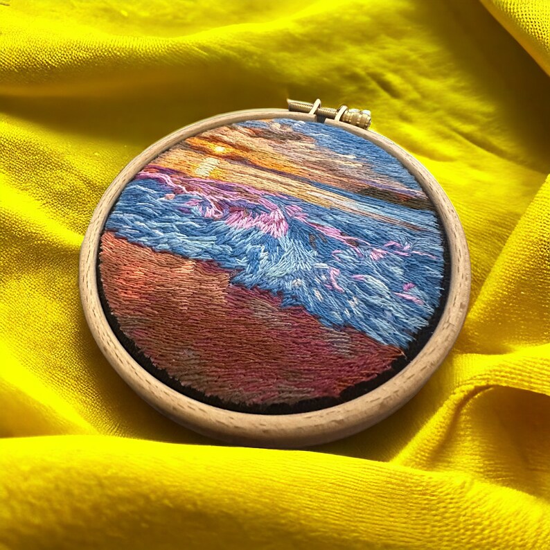 Seascape Sunset Embroidery Hoop Art, Embroidered Landscape Art, Nature ...