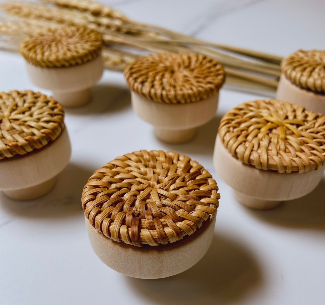 6 Pcs Natural Caramel Rattan Boho Door Knobs for Drawer, Cabinet ...