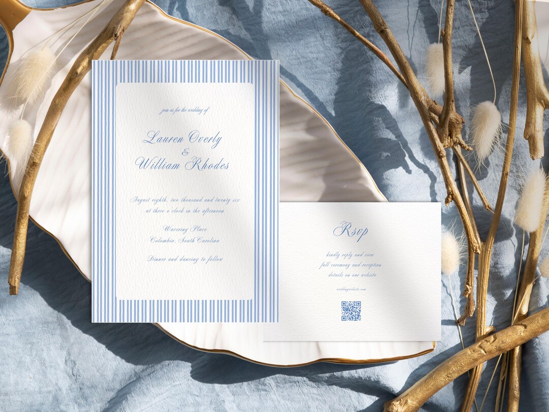 Preppy Coastal Blue Stripe Wedding Invitation Suite: Editable Canva ...