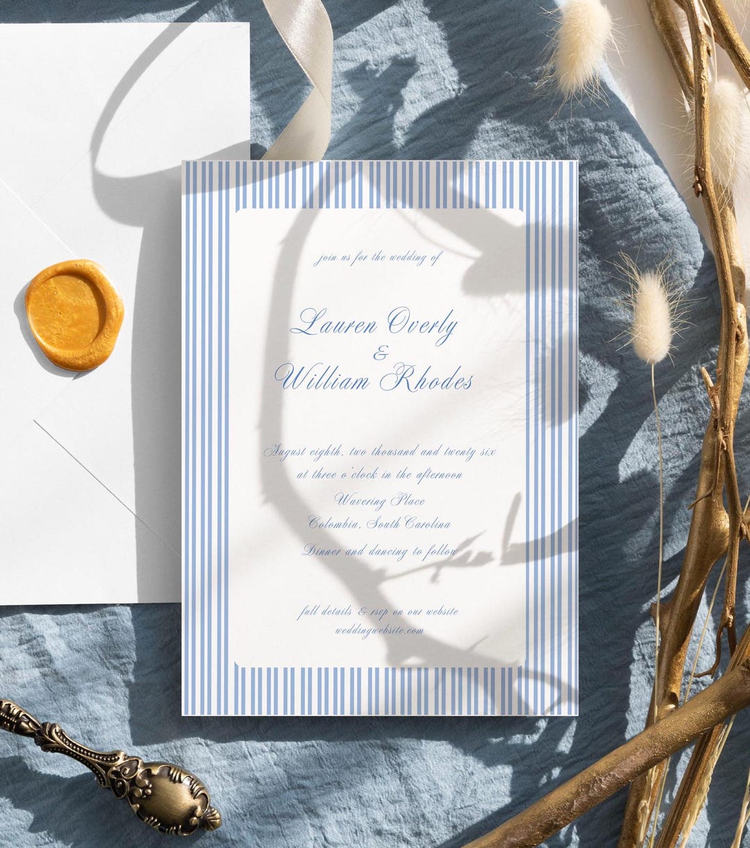 Preppy Coastal Stripe Wedding Invitation Canva Template (digital ...