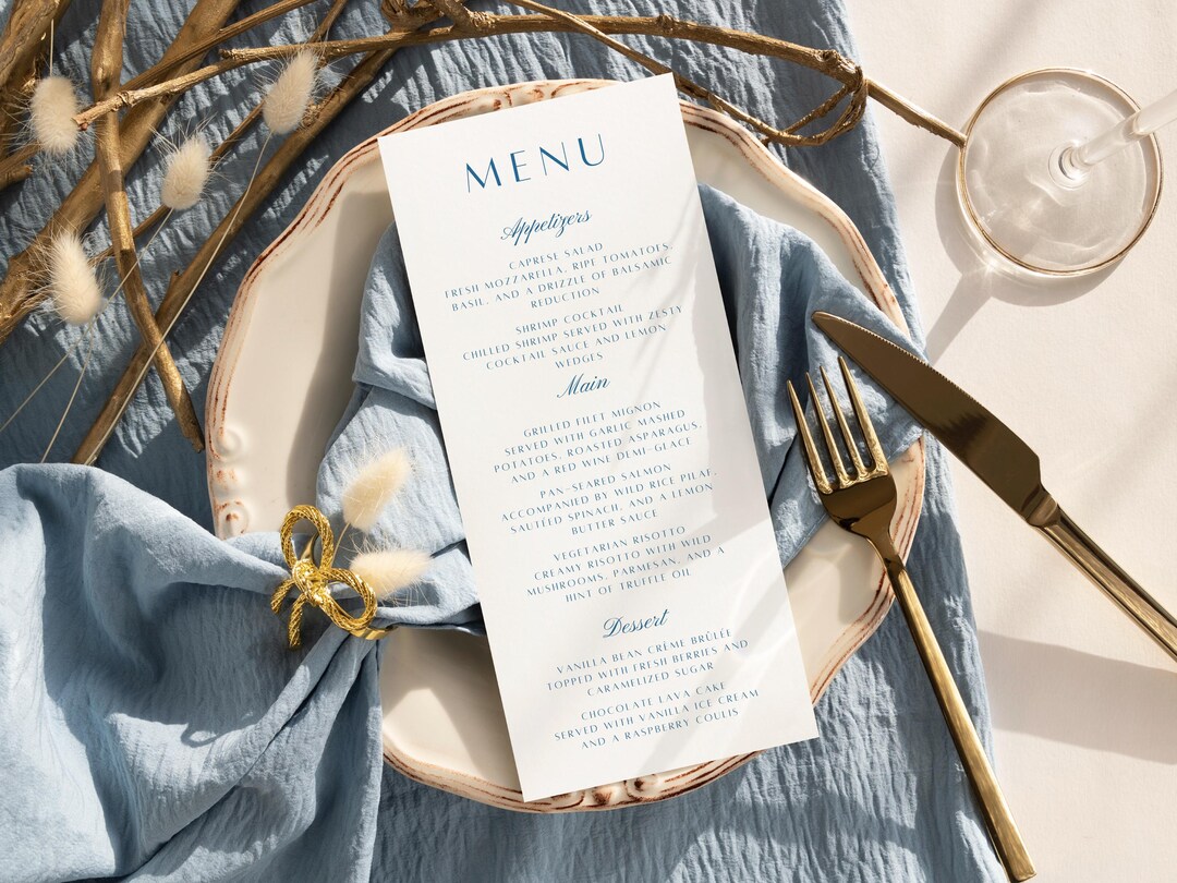 Dusty Blue Wedding Menu Template: Coastal Dinner Card (canva Download ...