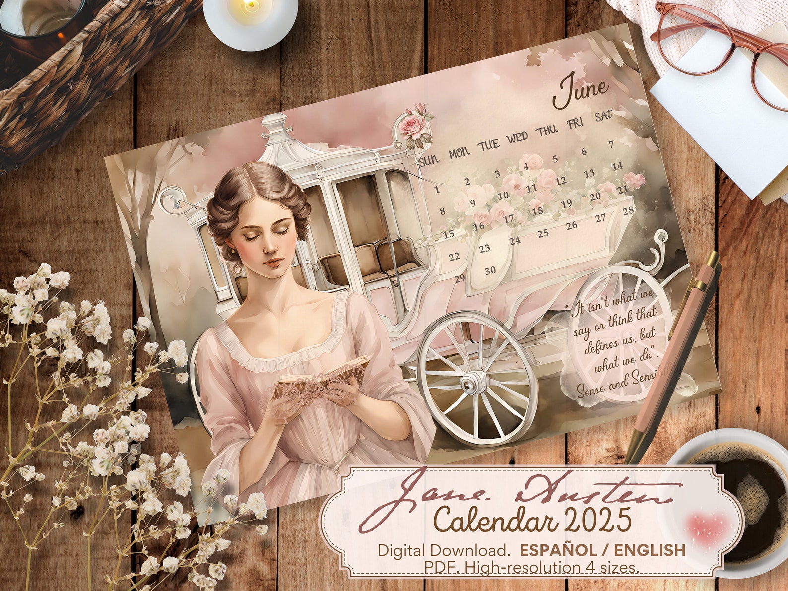 Jane Austen Calendar 2025. English/ Spanish. Monthly Calendar. Digital ...