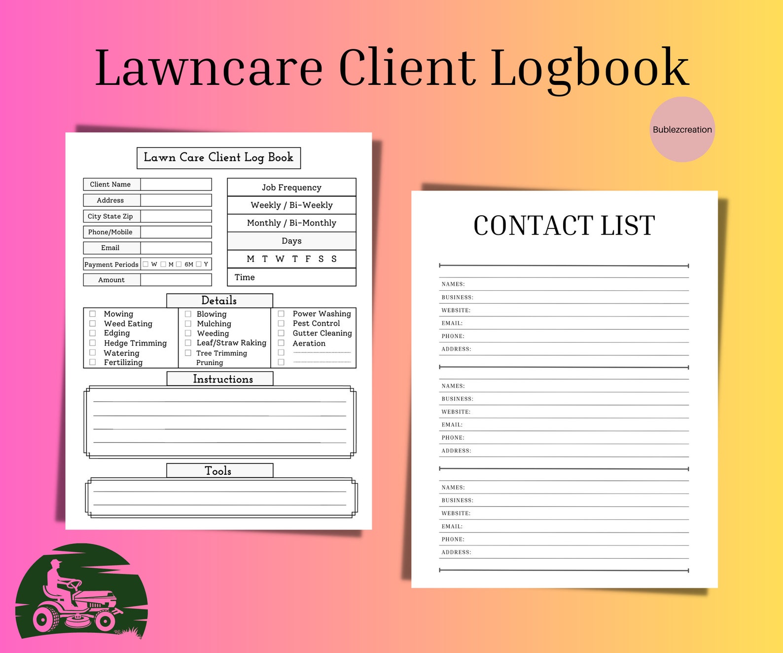 Lawncare Client Log Book, Landscape Work Order, Printable PDF, Weekly ...