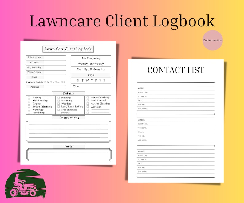 Lawncare Client Log Book, Landscape Work Order, Printable PDF, Weekly ...