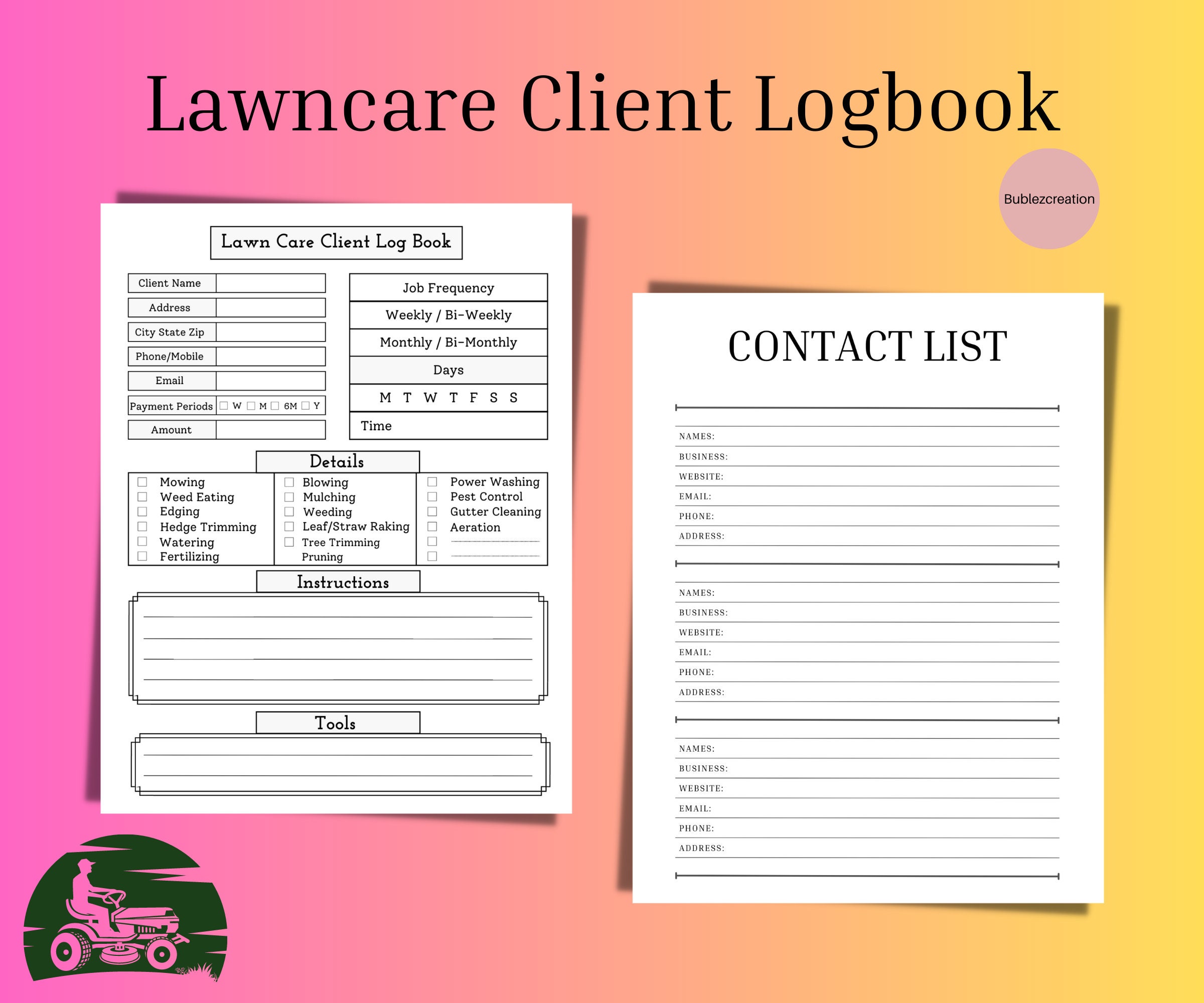 Lawncare Client Log Book, Landscape Work Order, Printable PDF, Weekly ...