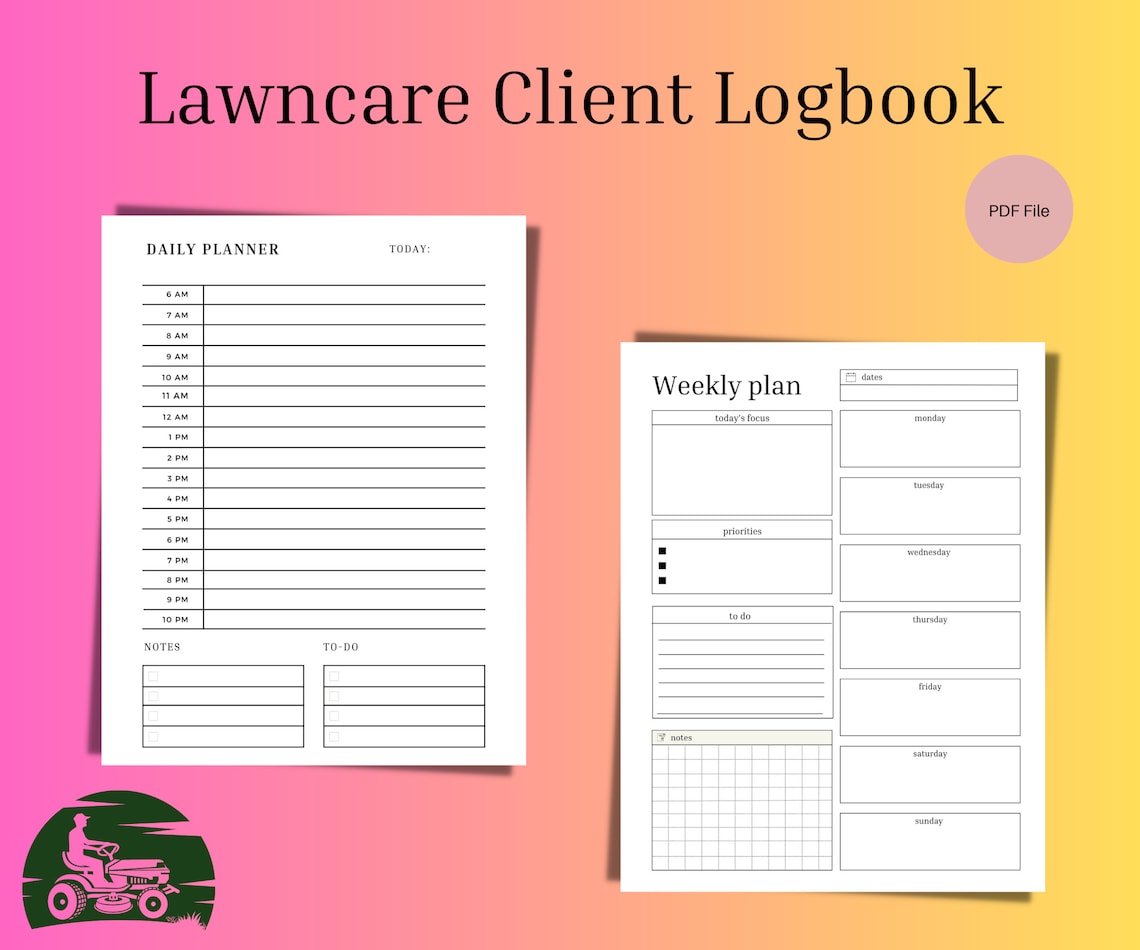 Lawncare Client Log Book, Landscape Work Order, Printable PDF, Weekly ...
