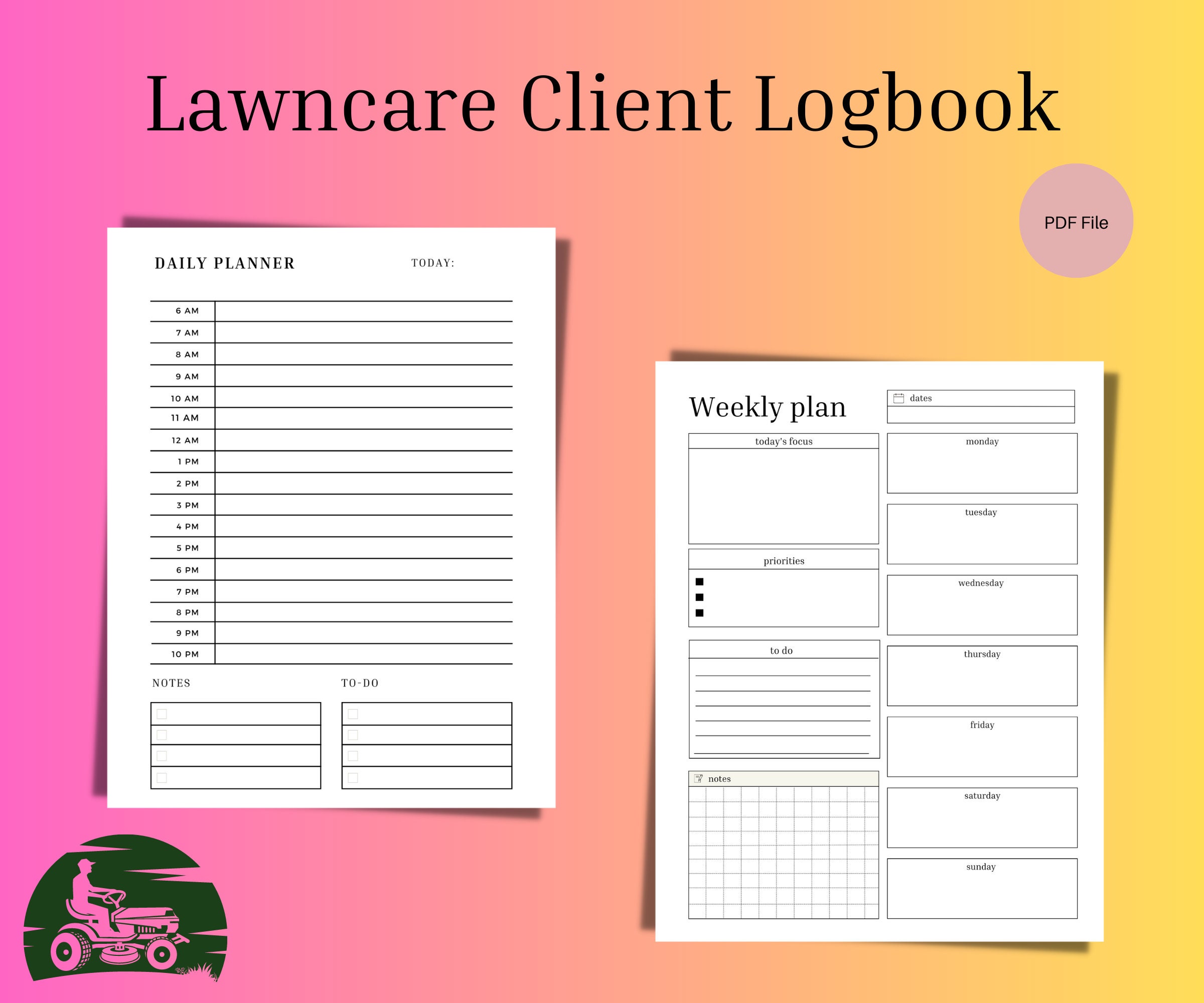 Lawncare Client Log Book, Landscape Work Order, Printable PDF, Weekly ...