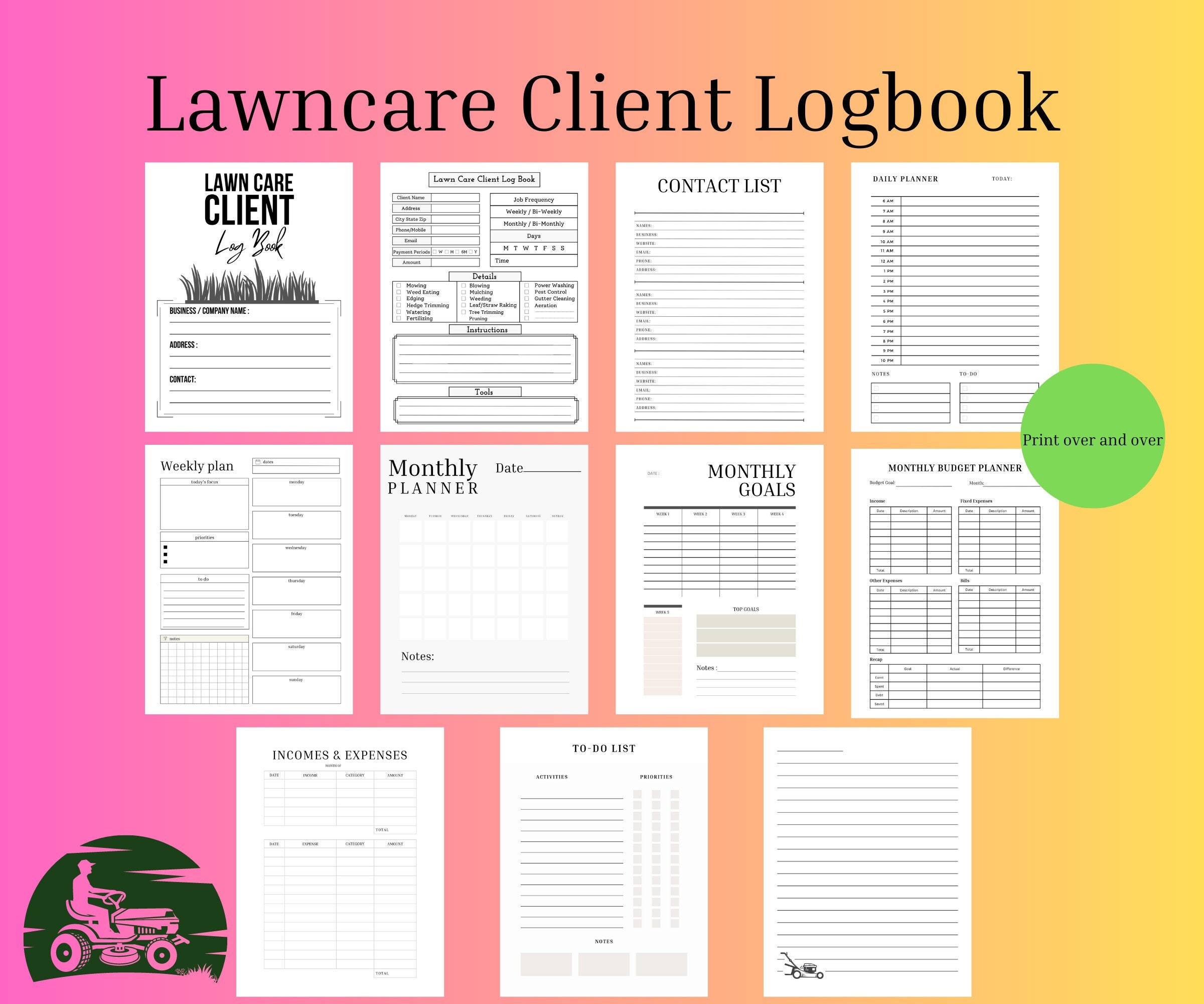 Lawncare Client Log Book, Landscape Work Order, Printable PDF, Weekly ...