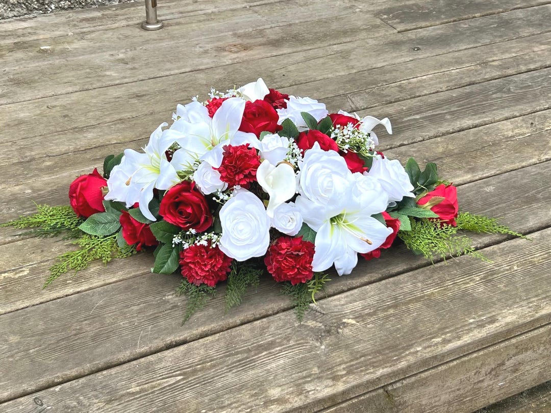 Red and White Silk Flower Casket Spray Funeral Grave Flowers -claire De ...
