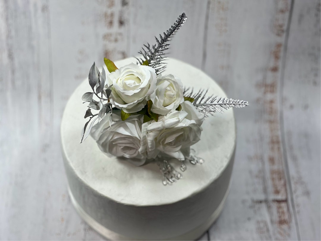 White Rose and Silver Cake Flowers - Artificial Silk Flowers for ...