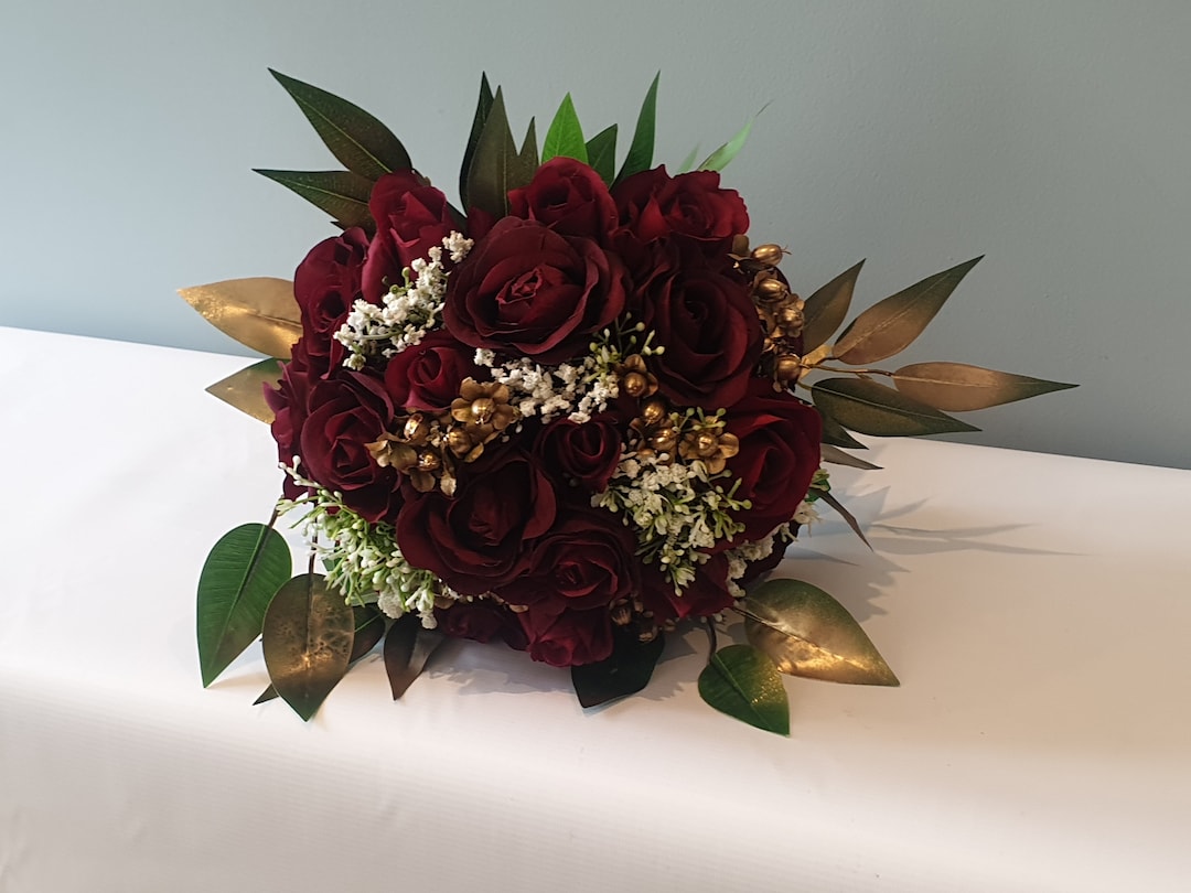 Wedding Flowers Red and Gold Wedding Bridal Bouquet Artificial Silk ...