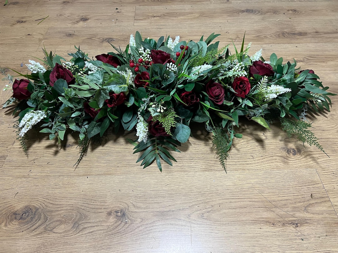 Red Artificial Silk Casket Spray Coffin Topper Funeral Flowers Memorial ...