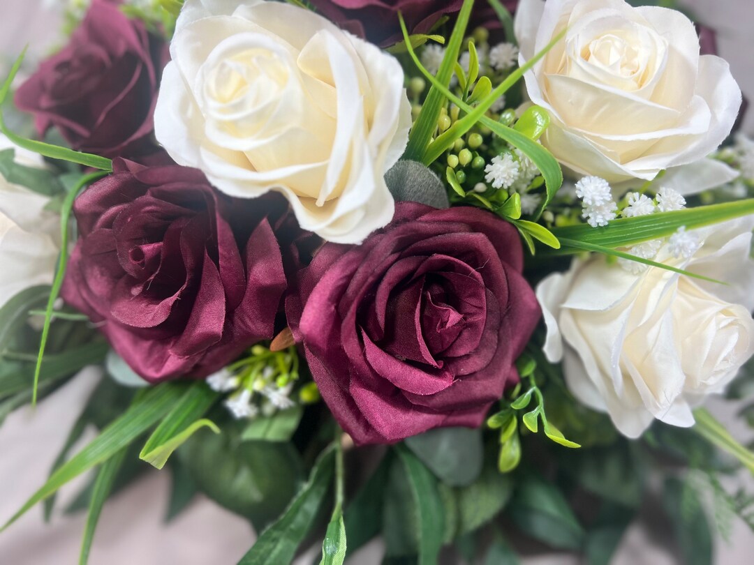Red & Ivory Rose Funeral Arrangement – Artificial Silk Memorial Flowers ...