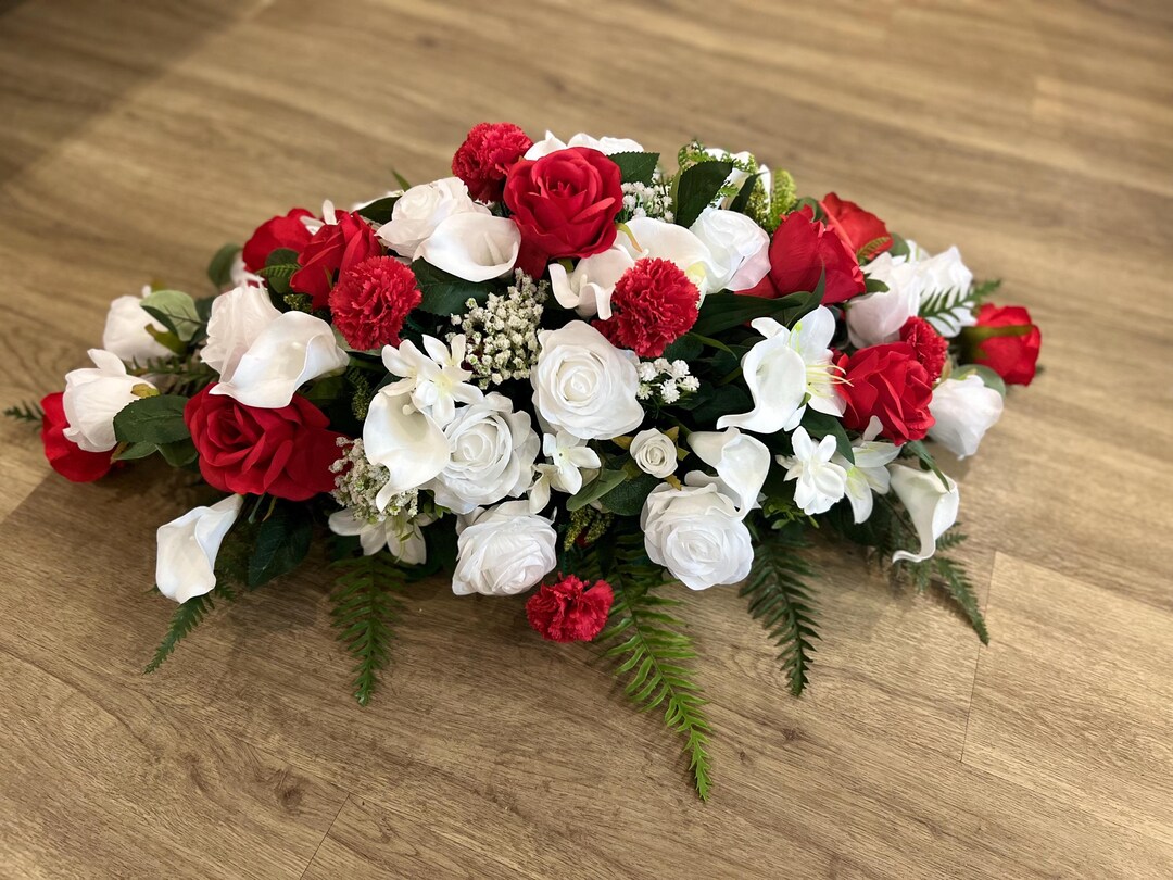 Artificial White and Red Silk Casket Spray Coffin Topper Funeral ...