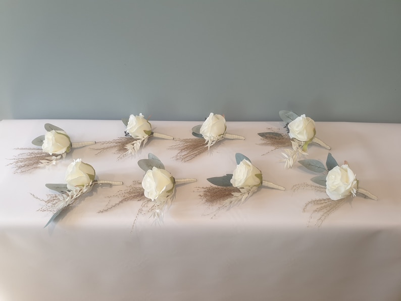 Ivory Rose Eucalyptus Buttonhole - Artificial Silk Flowers for Wedding ...