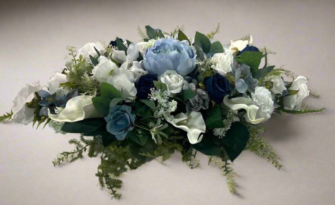 Artificial White, Blue Coffin Topper Funeral Flowers Memorial Flowers ...