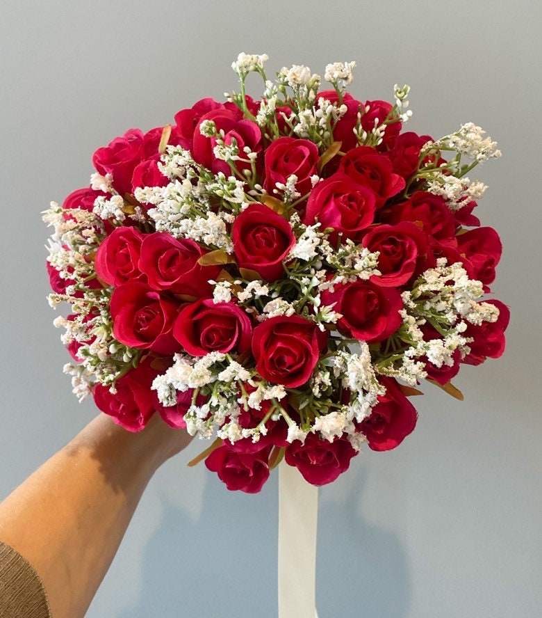 Red Rose and Gypsophila Bouquet Artificial Silk Flowers for - Etsy UK