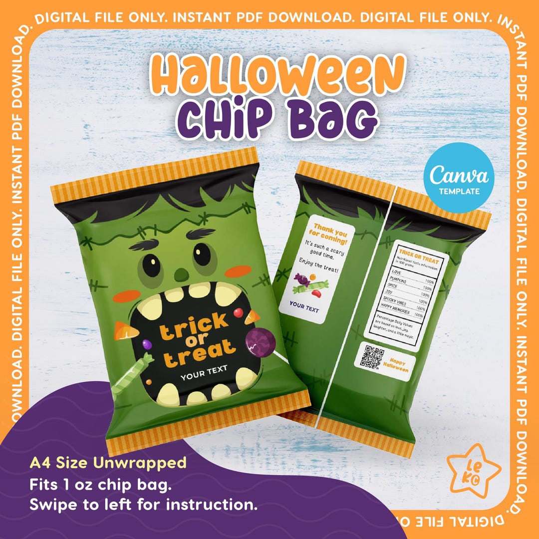 Frankenstein Halloween Editable Chip Bag Canva Template, Party Supplies ...