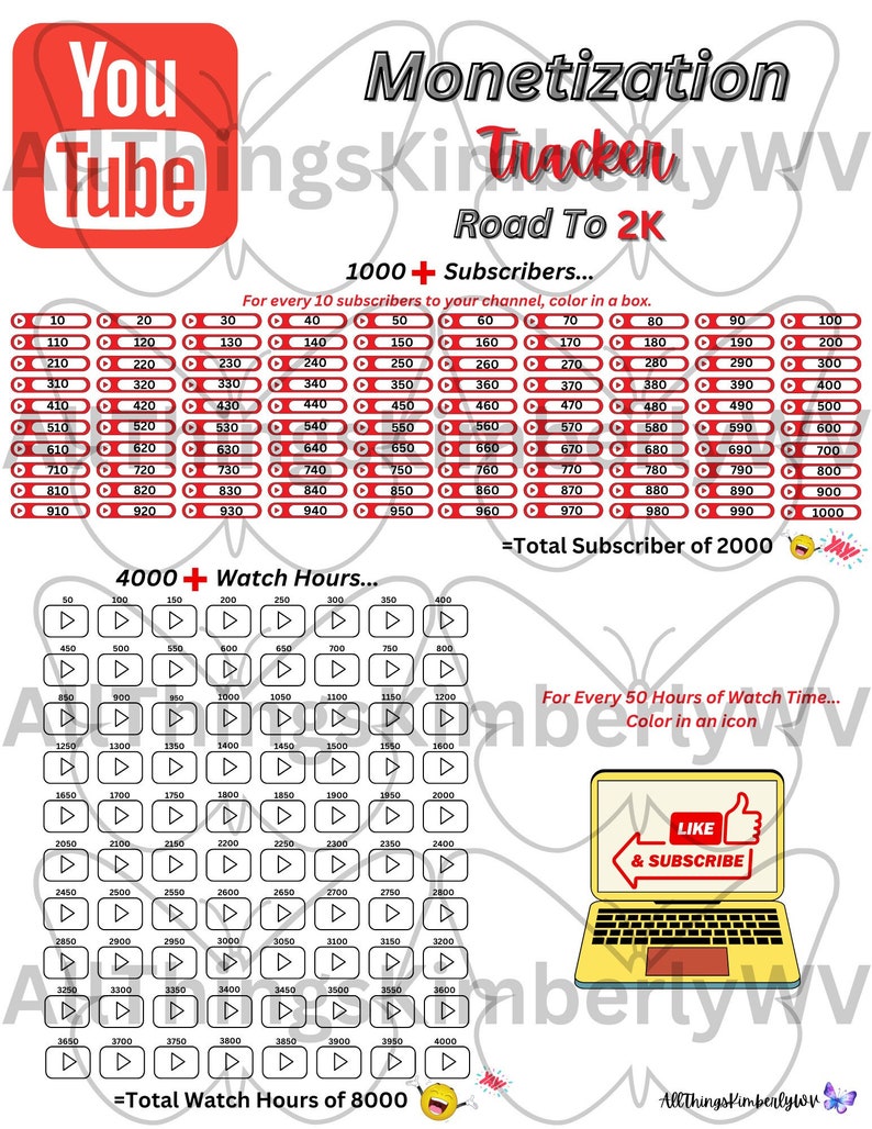 Youtube Monetization Tracker 2K Track 2000 Subscribers and - Etsy