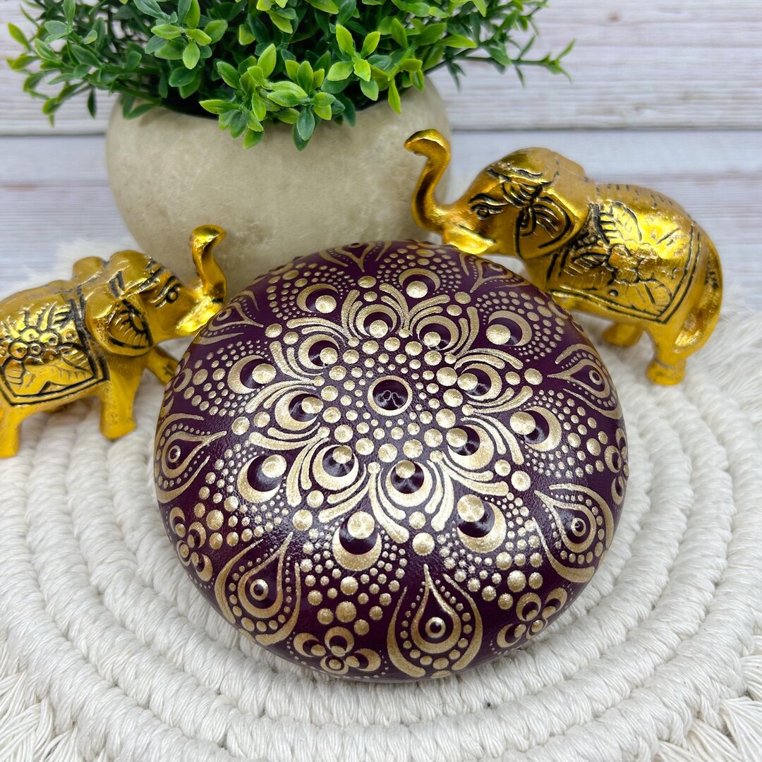 Cherry Merlot and Champagne Gold Mandala Art Stone, Handmade and Hand ...