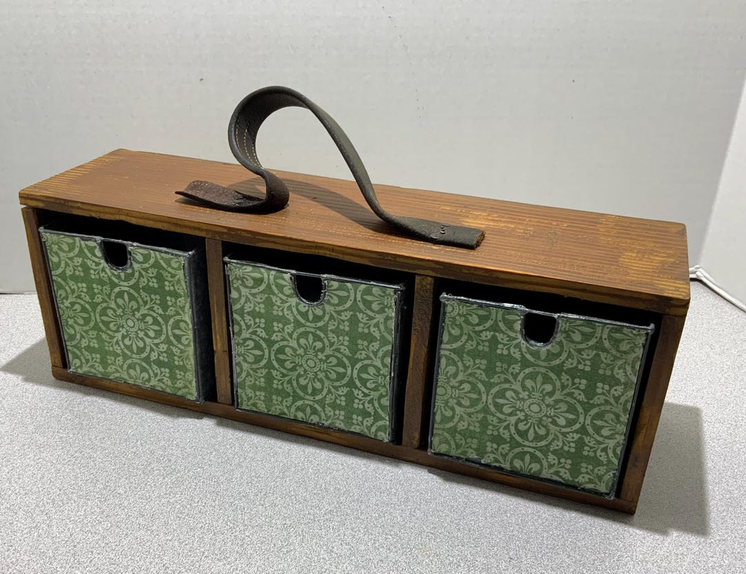 Antique Vintage Old Wooden Storage Box With 3 Tin Slide Out Drawers ...