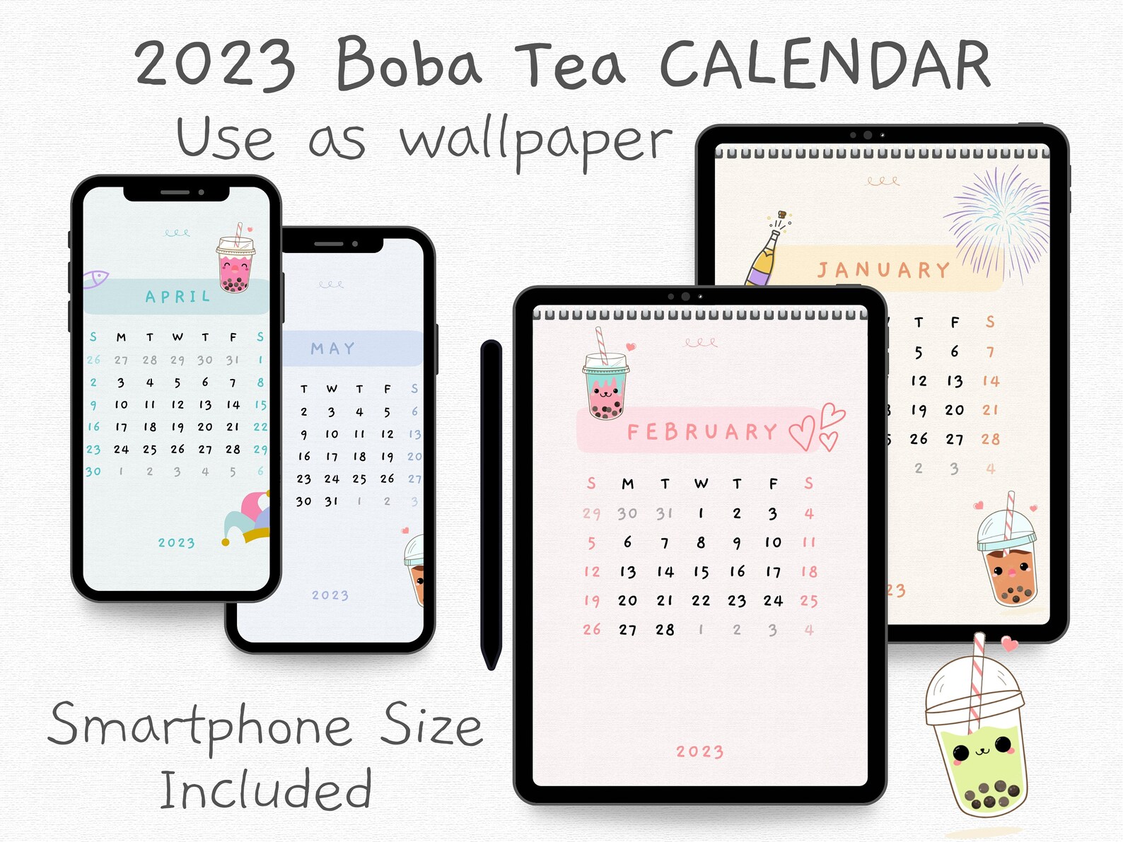 Calendar 2023 Wallpaper Printable Boba Tea Cute Kawaii - Etsy