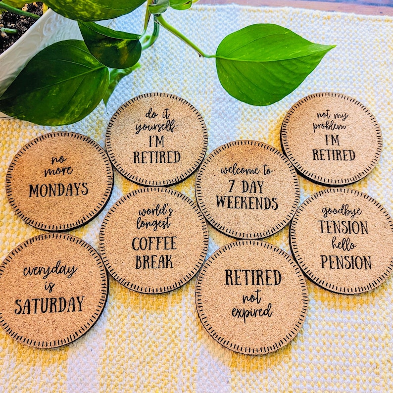 Retirement Themed Cork Drink Coaster Set, Ecofriendly Cork, Gift for ...