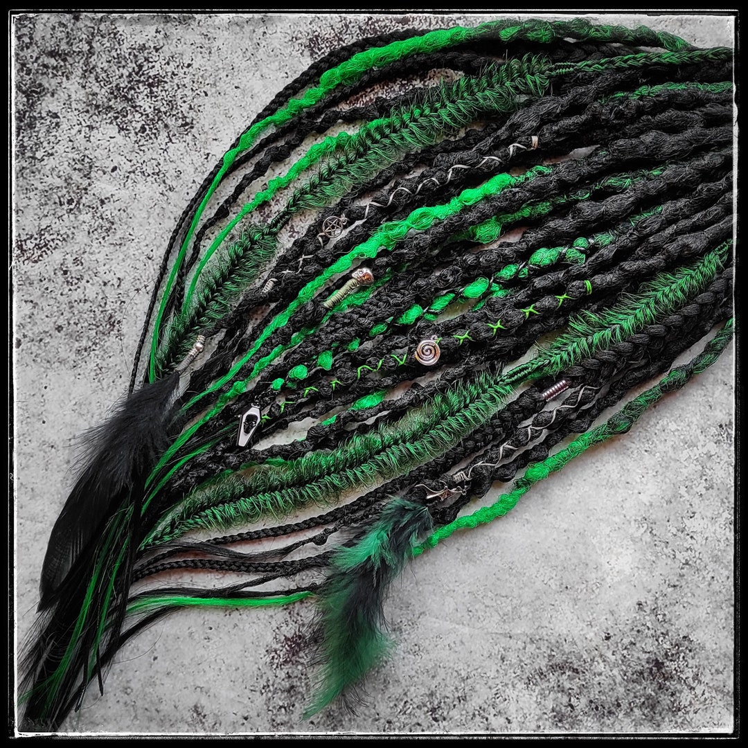 Black Solid Synthetic Crochet Dreads With Ombre to Green and Few Braids ...
