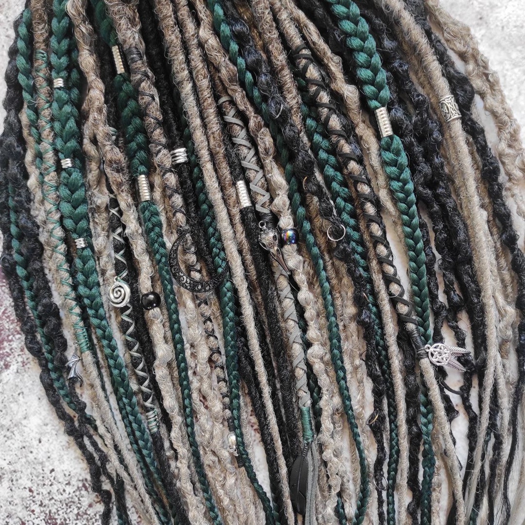 Brown to Grey and Black Synthetic Dreads With Dark Green Braids and ...