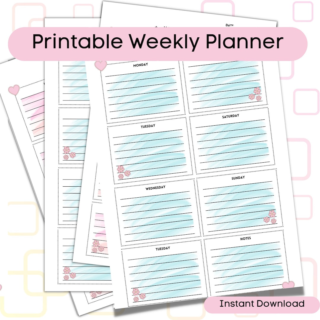 Weekly Planner Printable Pink & Blue Colors A4, A5, US Letter, 6 X 5 in ...