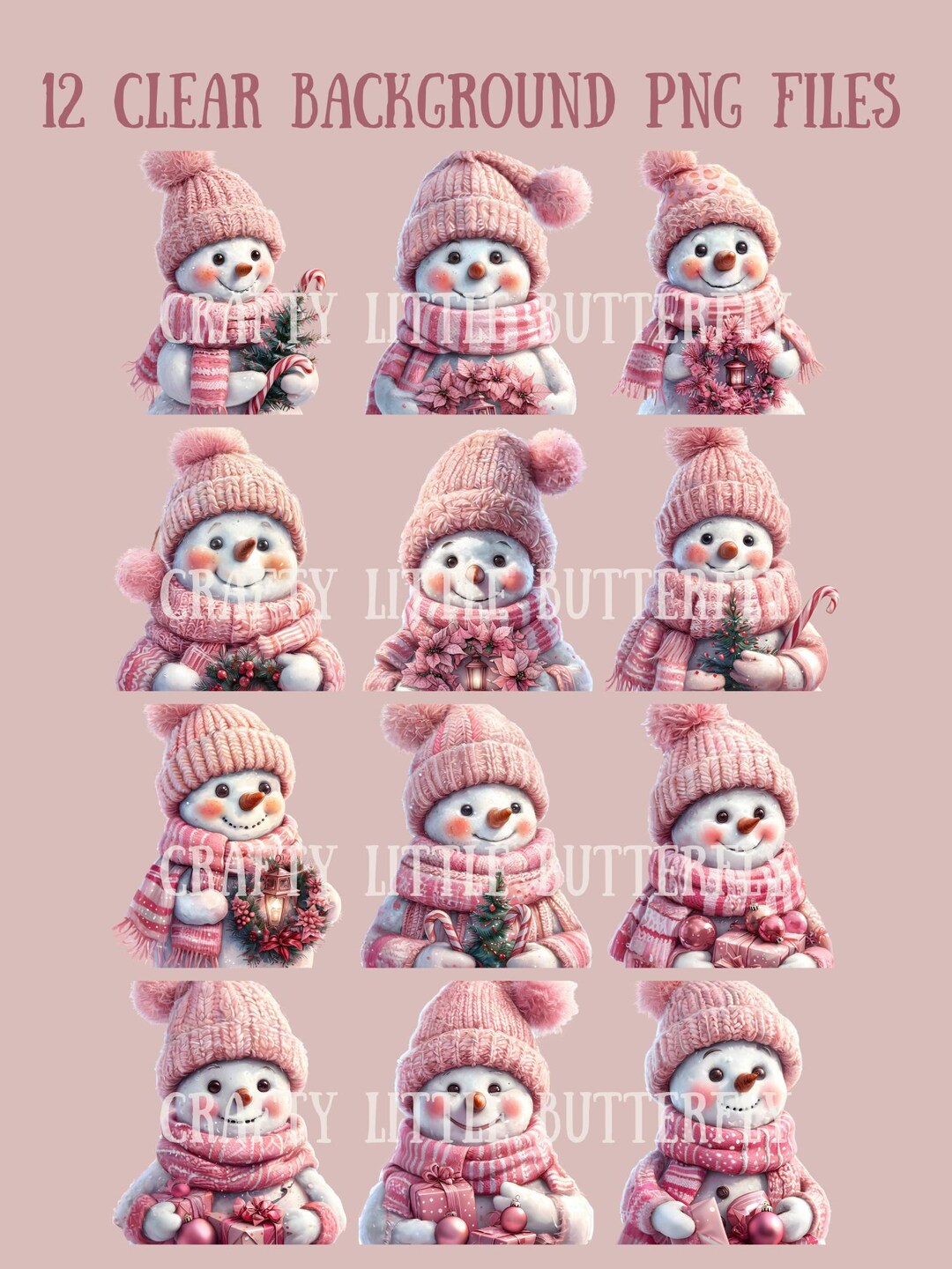 Pink Snowman Christmas Clipart Set – 9 PNG Snowmen Designs for Card ...