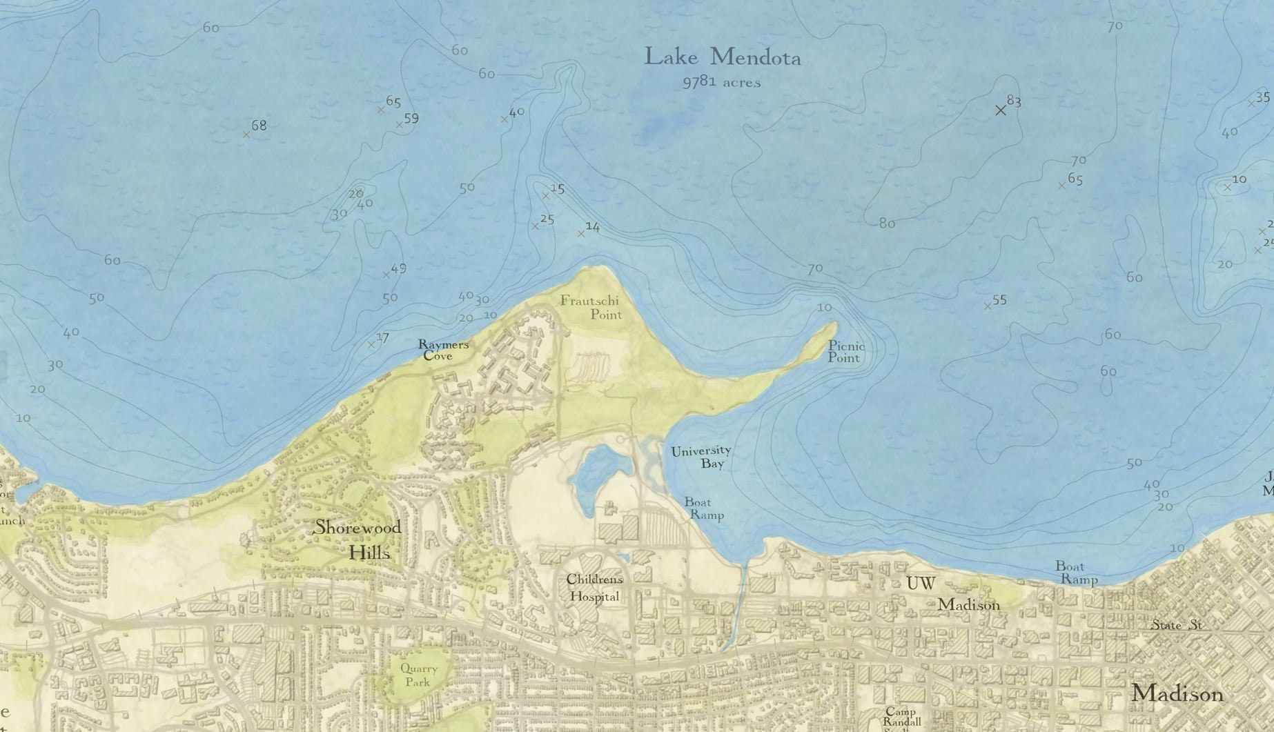 Lake Mendota, Monona, Wingra Map. Beautiful Wall Art With Detailed Lake ...