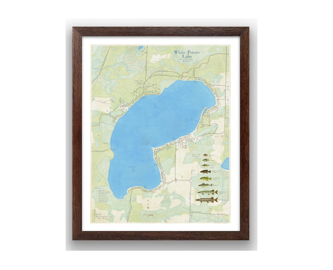 White Potato Lake Map Art: Vintage Wisconsin Lake Depth Chart - Etsy
