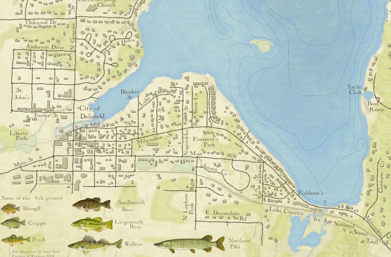 Nagawicka Lake Waukesha Delafield Nashotah Wisconsin Vintage Style Map ...