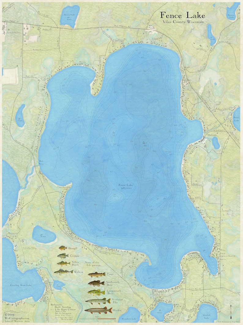 Fence Lake, Wisconsin Map Art: Vintage Style Lake Depth Chart - Etsy
