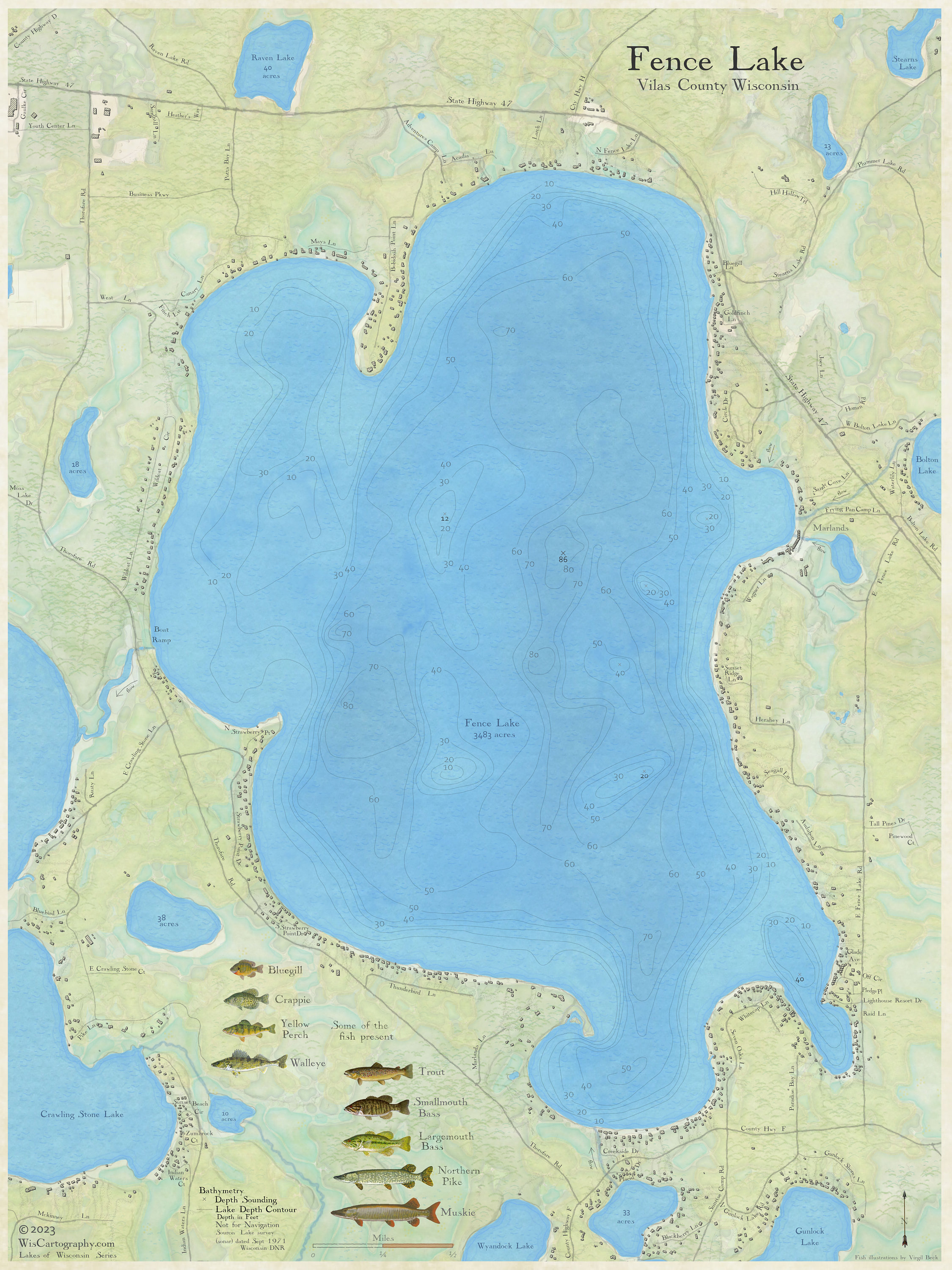 Fence Lake, Wisconsin Map Art: Vintage Style Lake Depth Chart - Etsy