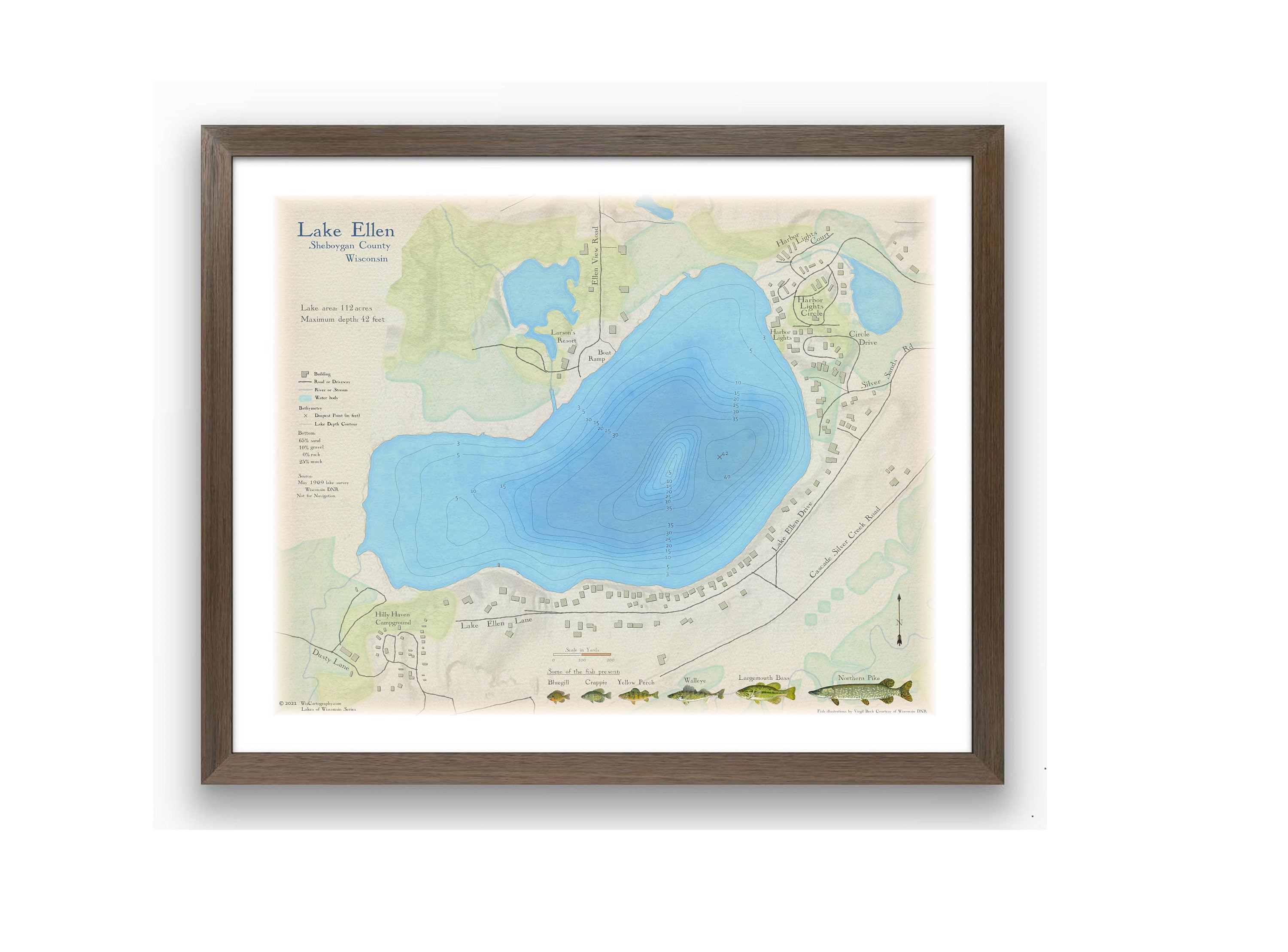 Lake Ellen Cascade Sheboygan County Wisconsin Vintage Style Map Lake ...