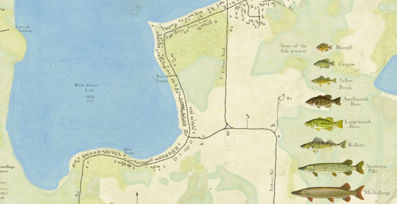 White Potato Lake Map Art: Vintage Wisconsin Lake Depth Chart - Etsy