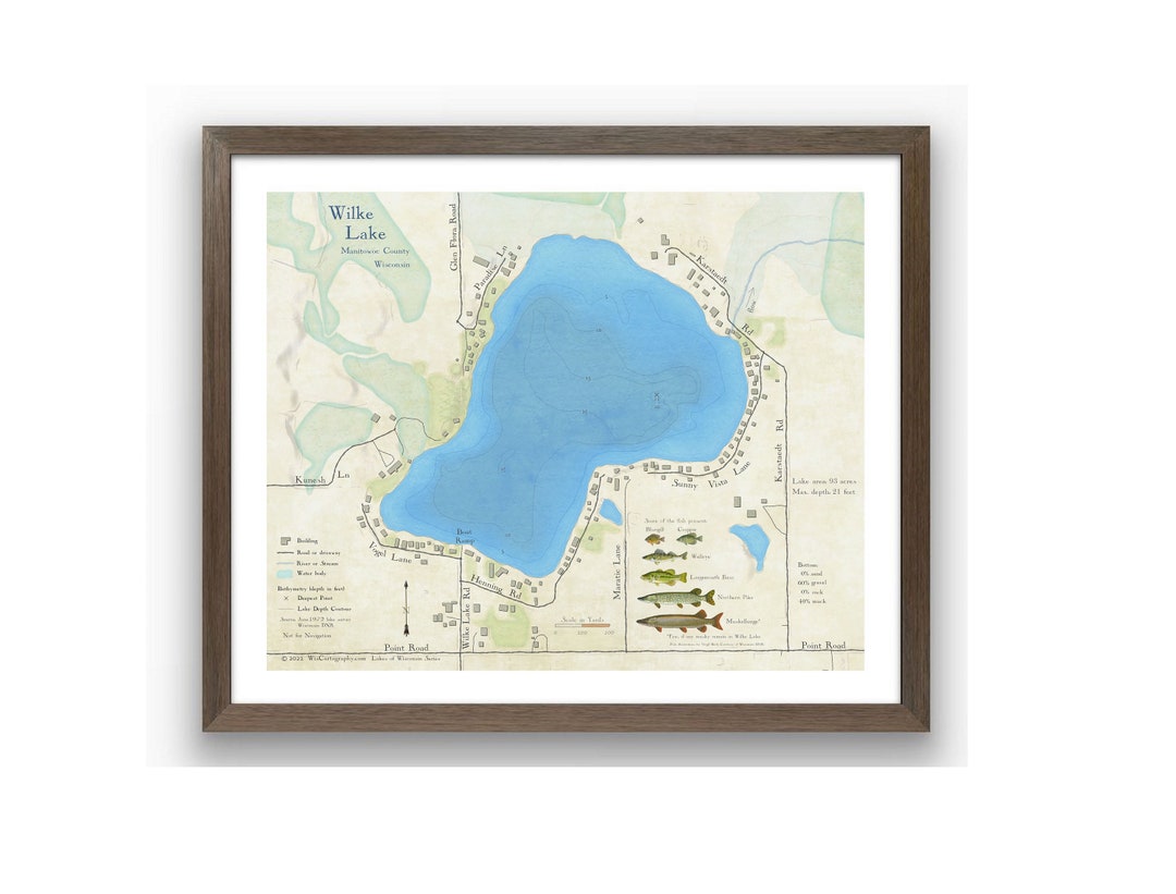 Wilke Lake Wisconsin. Beautiful Wall Art. Rustic Map With Detailed Lake ...